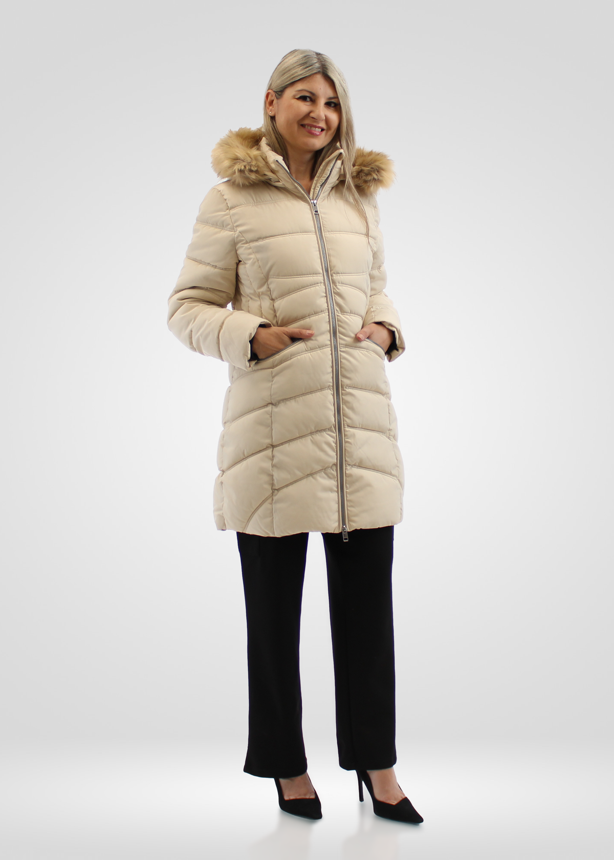 Simon Chang Cream Winter Coat wih Faux Fur Hood & Zippers – Roadrunner ...